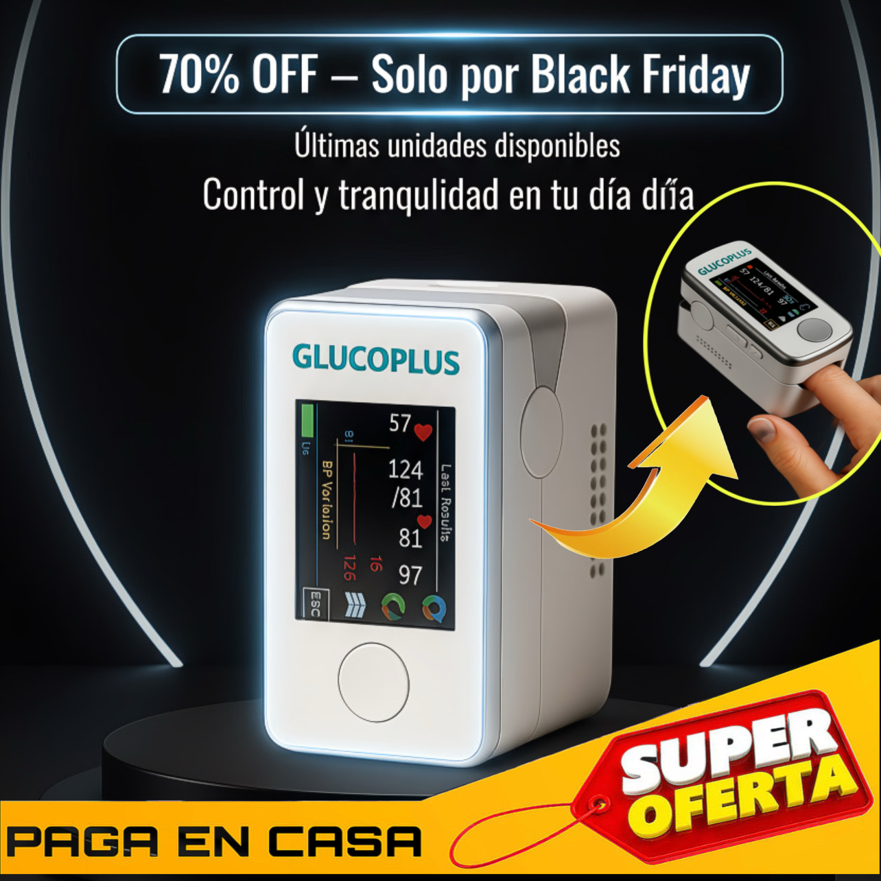 Black Friday – Medidor Inteligente GLUCOPLUS 3 en 1 (Glucosa, Pulso, P ...